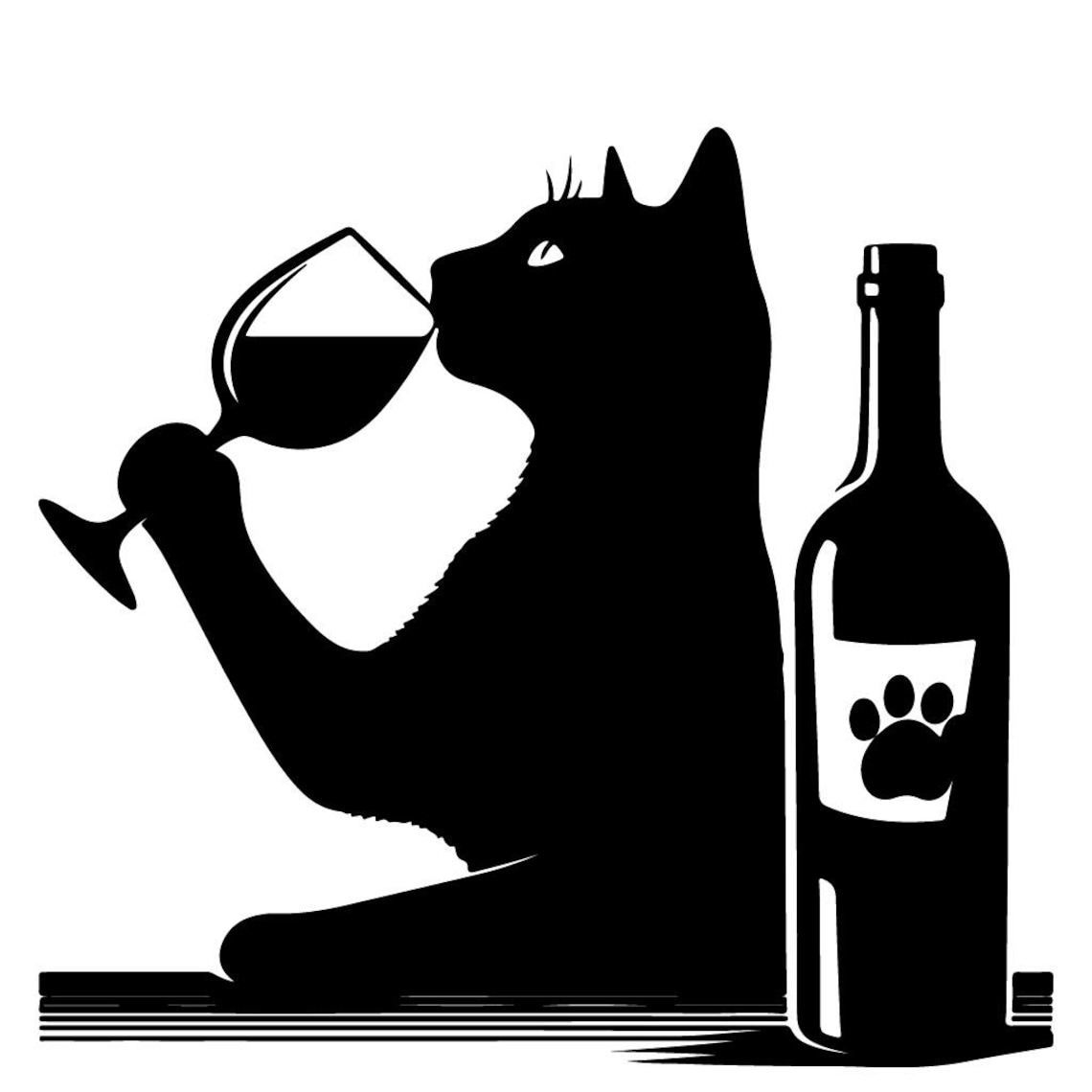 Cat Drinking Wine Silhouette SVG Background Black and White SVG Vector ...