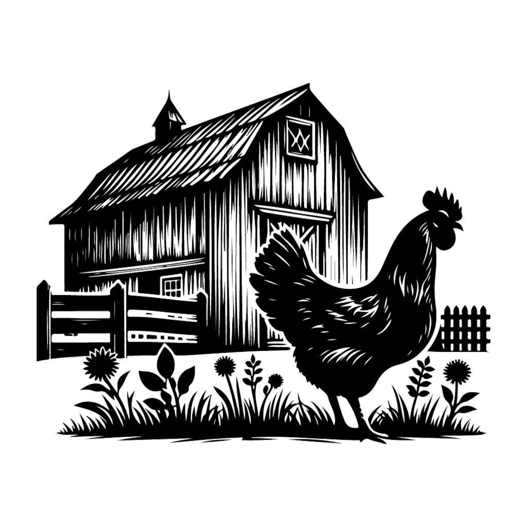 Rustic Chicken and Barn SVG 3 Vector File for Laser Cutting | Black and ...