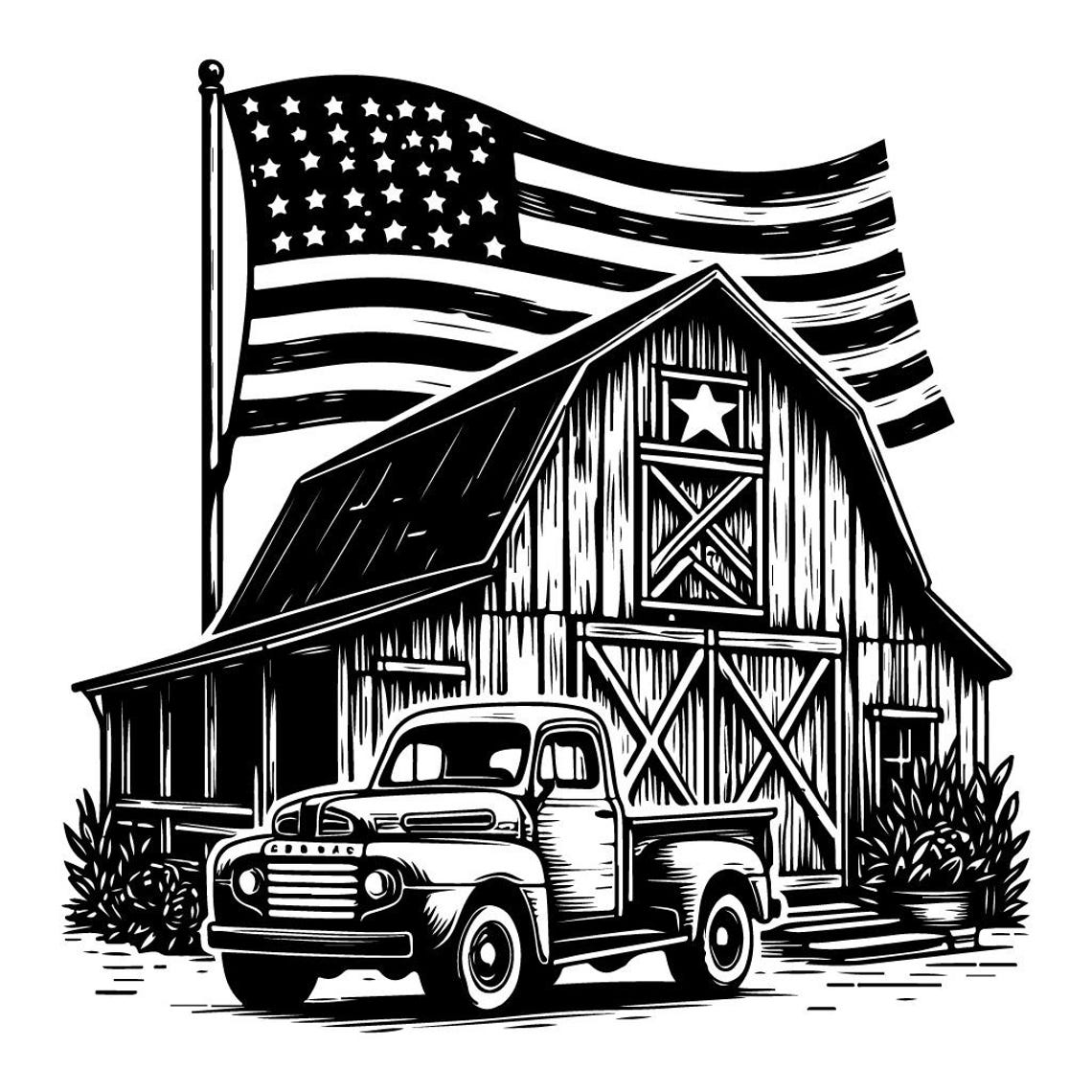 Rustic Barn With Old Truck SVG - Background Black and White SVG Vector ...