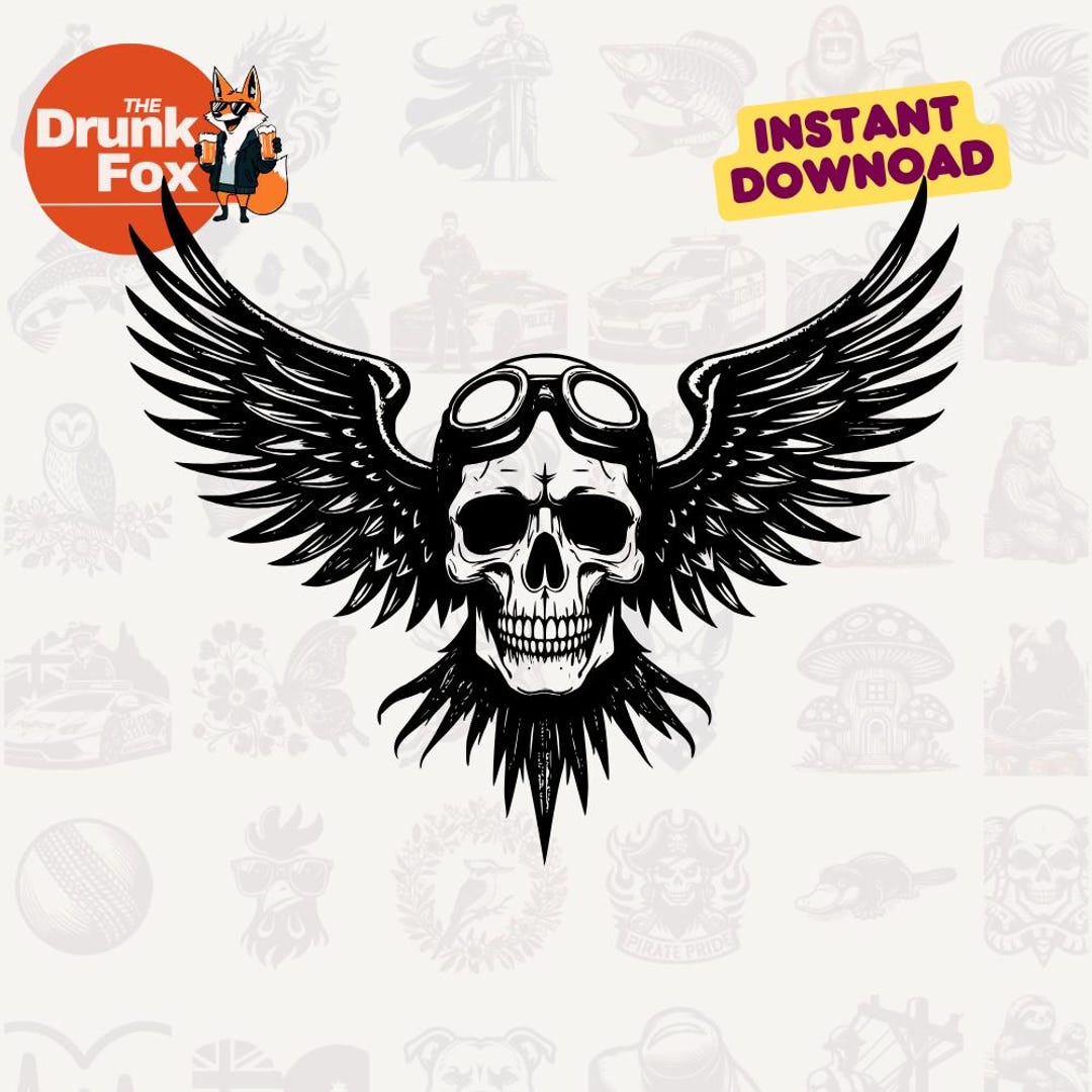 Grunge Skull Pilot SVG With Wings and Shades – Aviation Clipart for ...