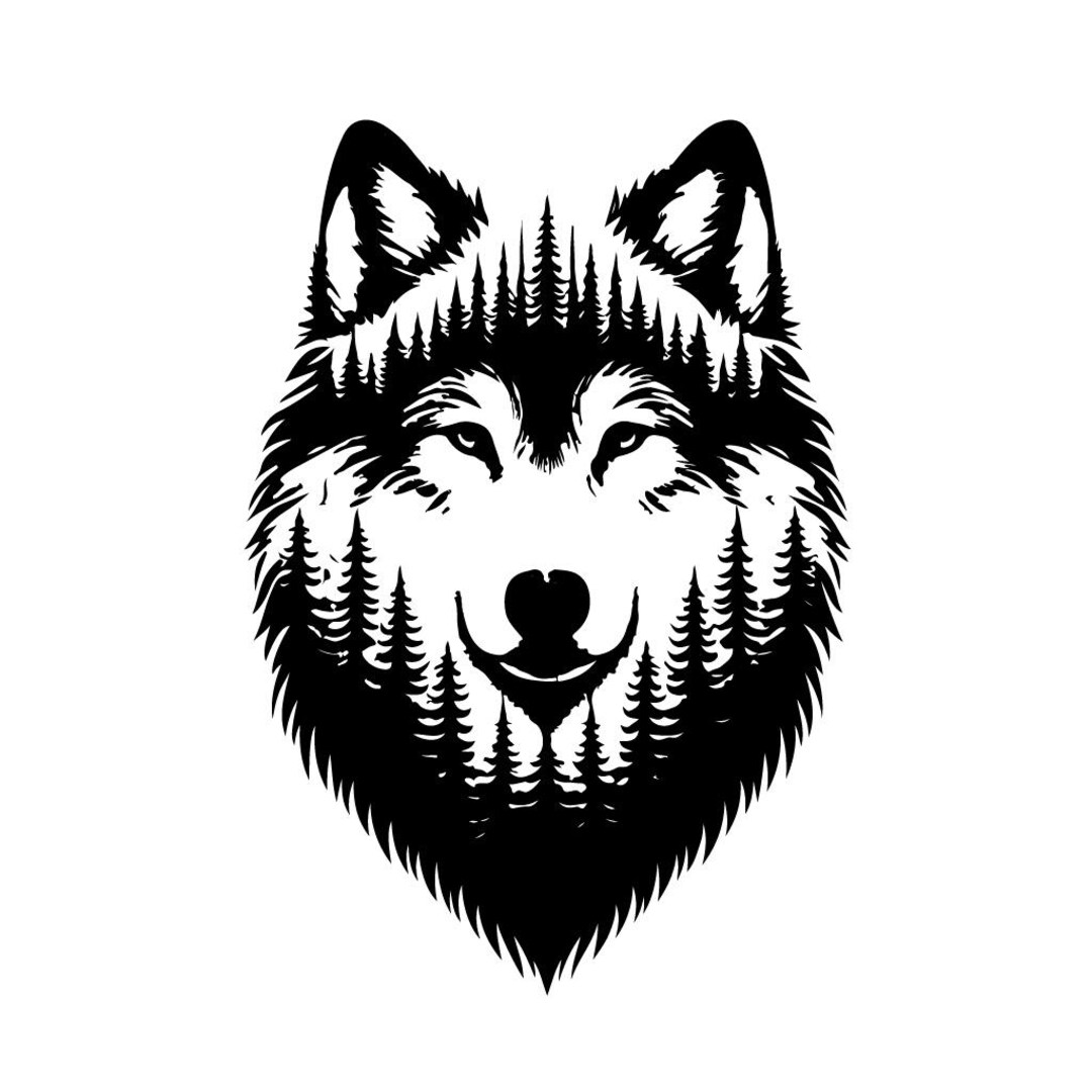 Wolf Head and Pine Tree SVG | Black & White Vector File for Laser ...