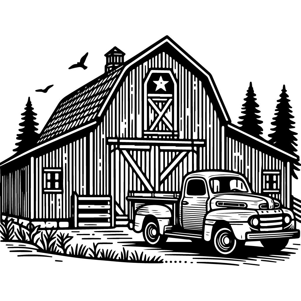 Rustic Barn With Old Truck SVG - Background Black and White SVG Vector File for Laser Cutting #3 ...