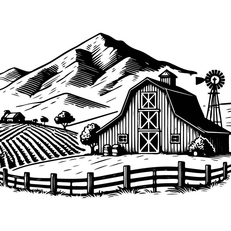 Rustic Barn and Rolling Hills SVG 1 | Black & White Vector File for Laser Cutting | Perfect ...