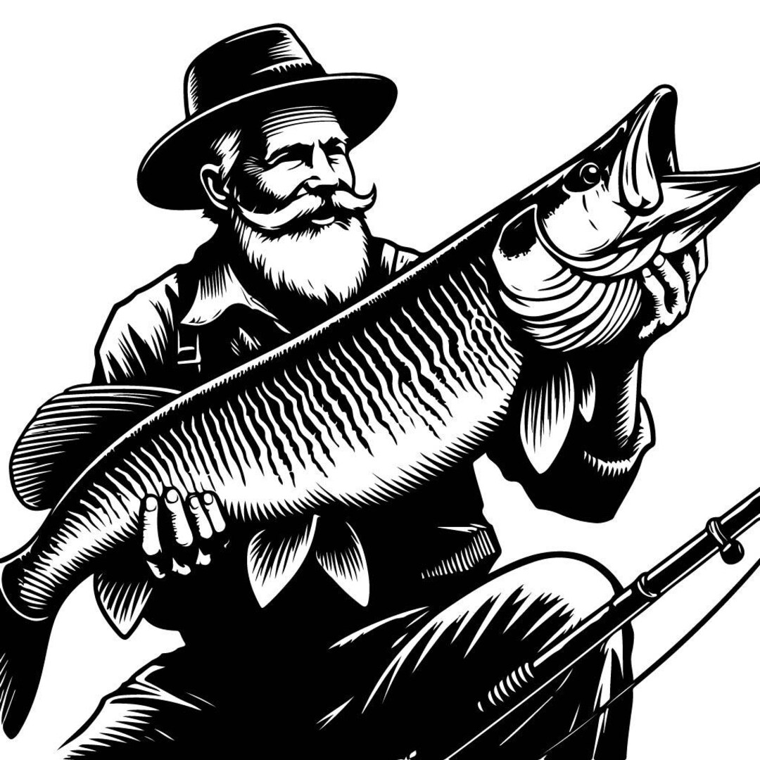 Fisherman and Muskellunge Muskie Fish SVG | Fishing | Black & White ...