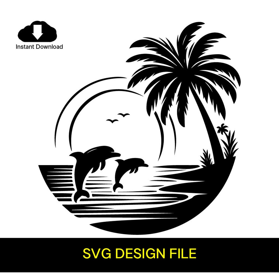 Dolphin Beach Sunset Palm Trees SVG Cut - Background Black and White ...