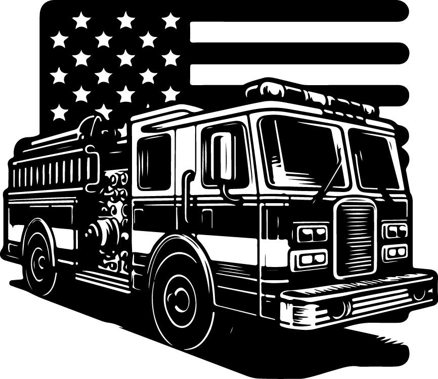 Fire Truck American Flag SVG - Black & White Laser Cutting File ...