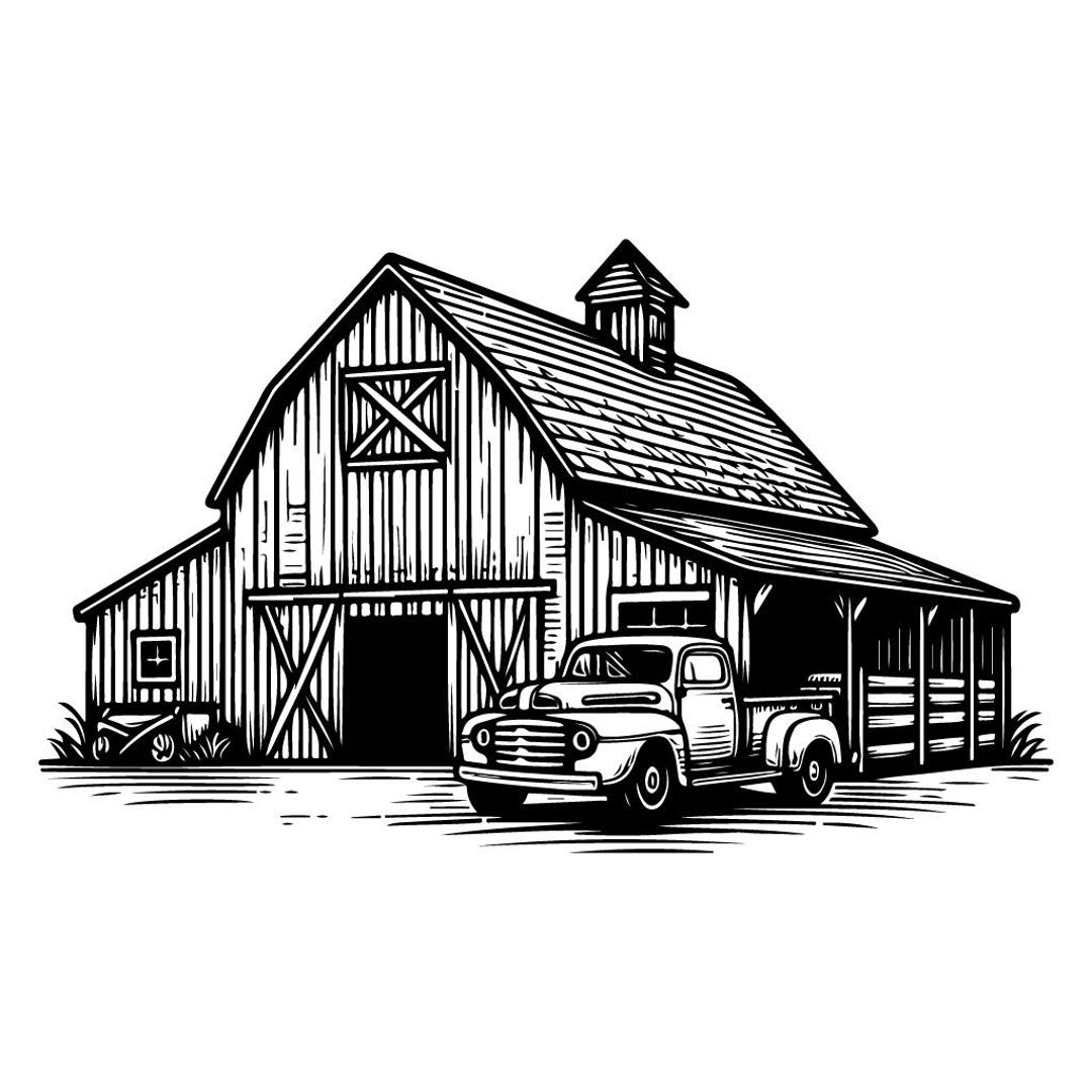 Rustic Barn With Old Truck SVG - Background Black and White SVG Vector File for Laser Cutting #2 ...