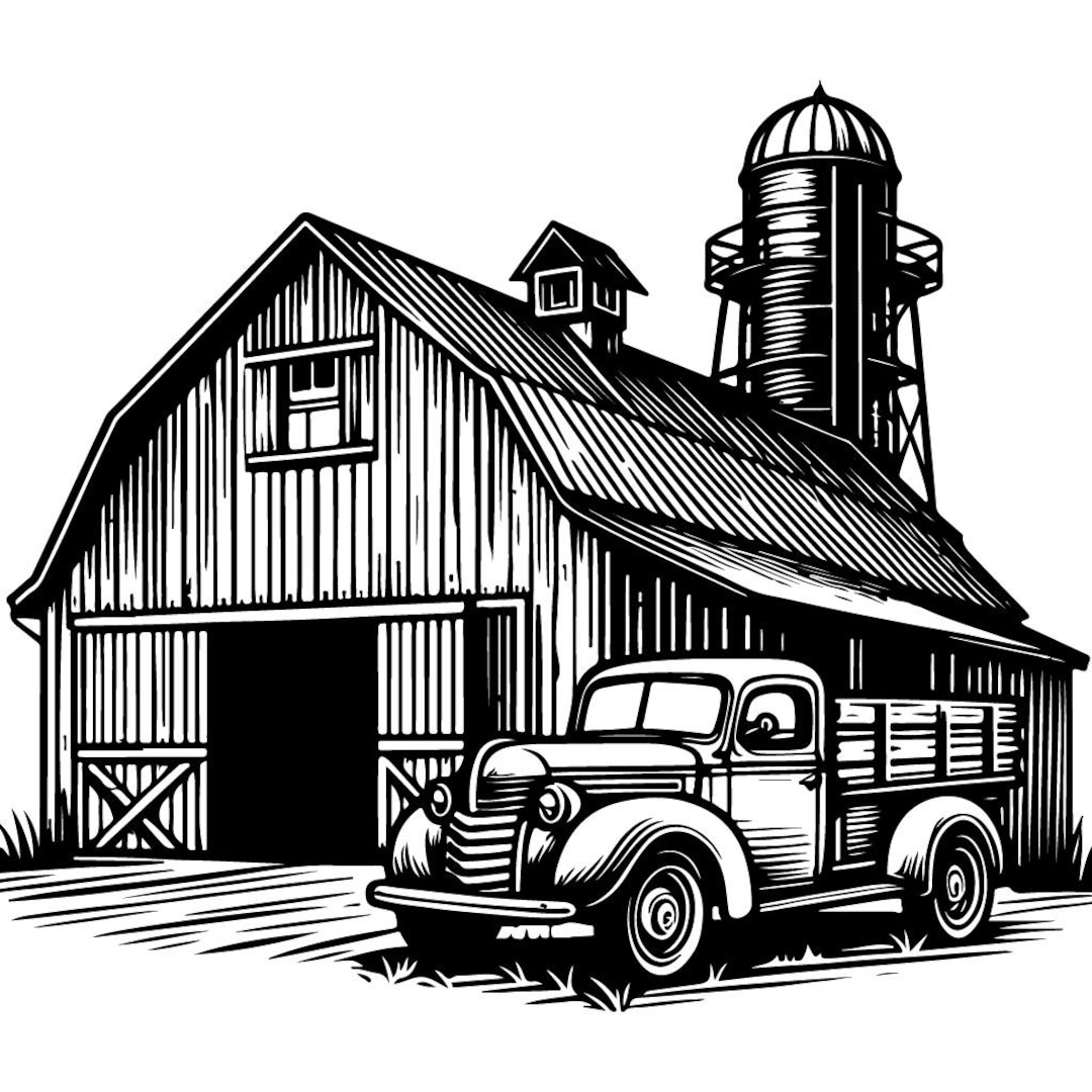 Rustic Barn With Old Truck SVG Background Black and White SVG Vector ...