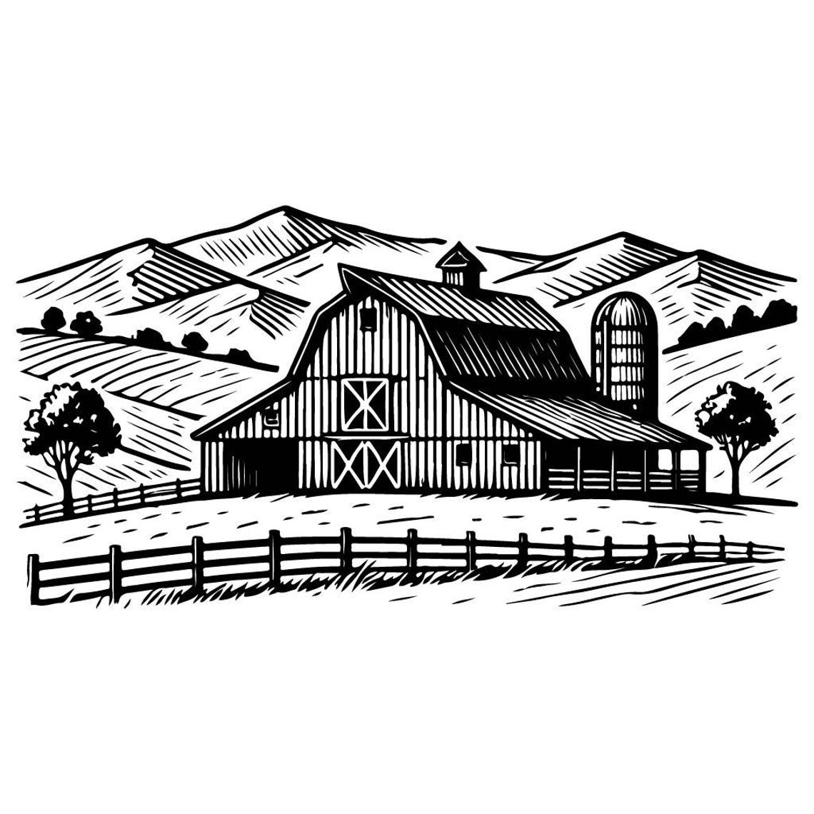 Rustic Barn and Rolling Hills SVG 3 | Black & White Vector File for Laser Cutting | Perfect ...