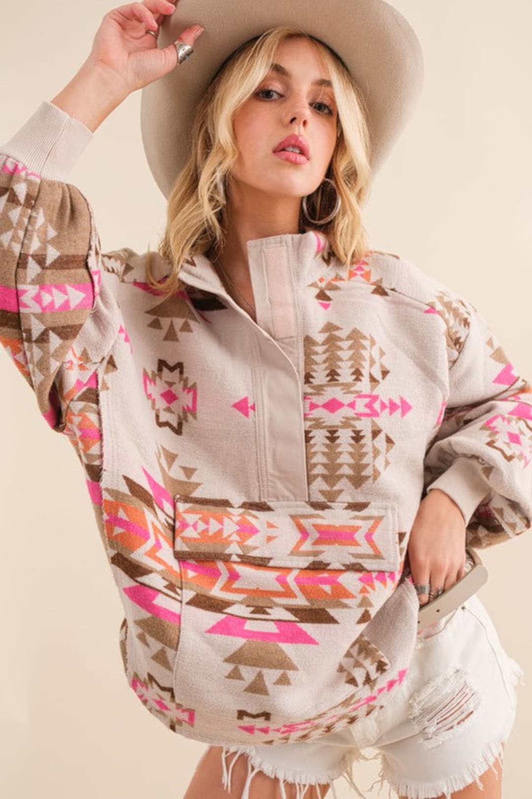Aztec Western Pullover Oversized Aztec Print Jacket Kangaroo Pocket ...