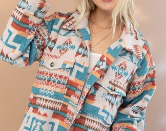 Aztec Tribal Hippies Native Print Shacket Shirt Jacket, Western ...