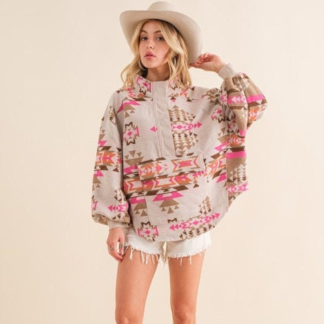 Aztec Inspired Western Pullover Kangaroo Pocket Mock Neck Western ...