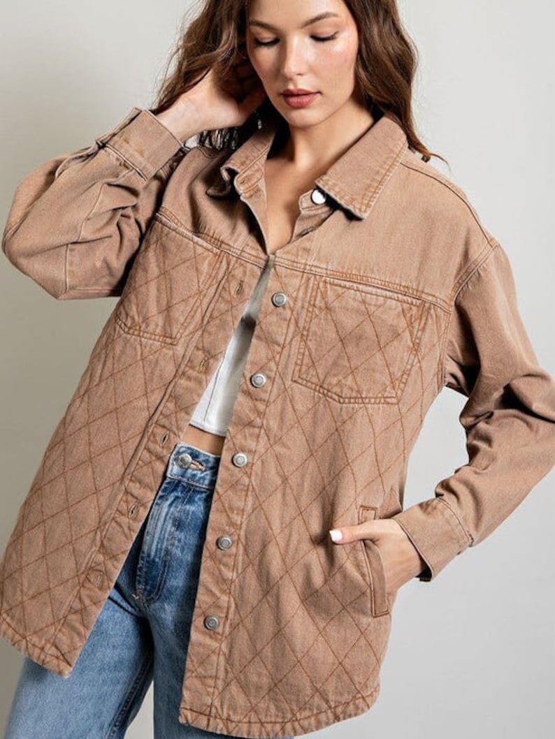 Quilted Button Down Jacket Quilted Shacket Camel Color Shacket - Etsy