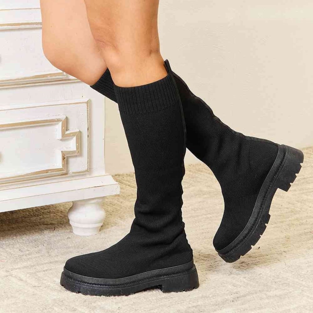 Black Knee High Platform Sock Boots Tall Sock Boots Tall Chunky Boots ...