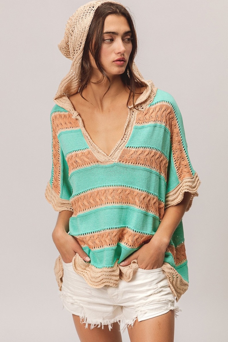Crochet Hood Color Stripe Top Boho Dolman Sleeve Crochet Hoodie Top - Etsy