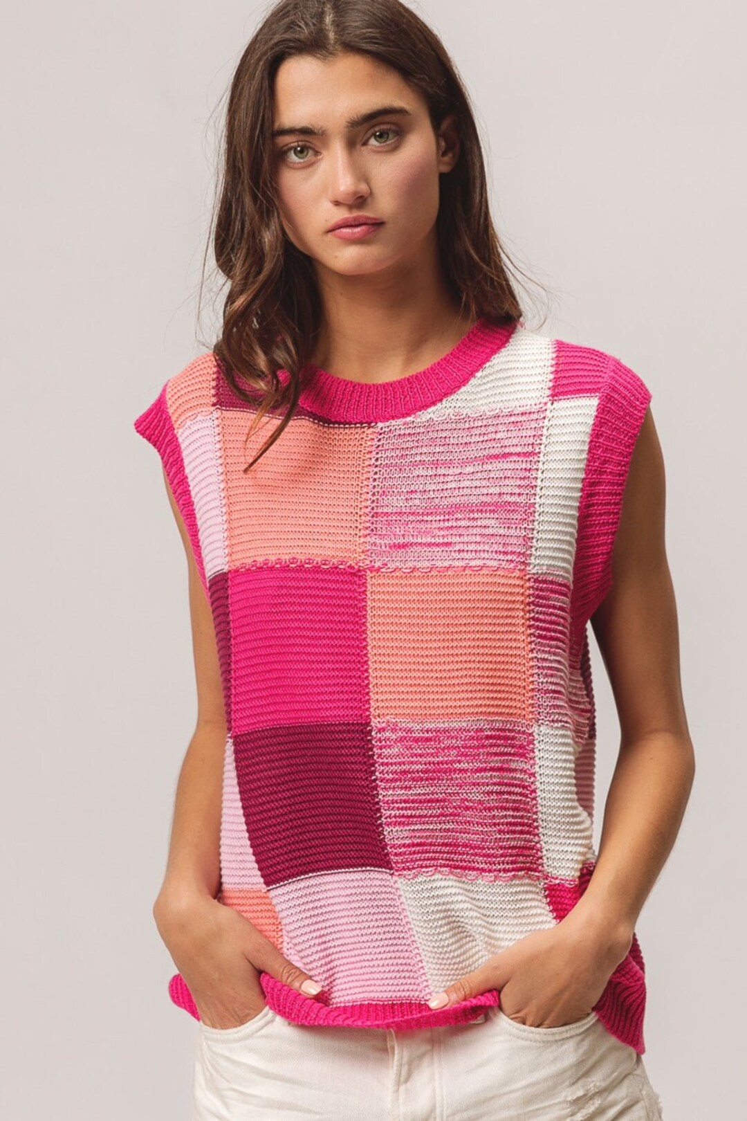 Color Block Round Neck Sweater Vest Bright Color Block Sleeveless ...