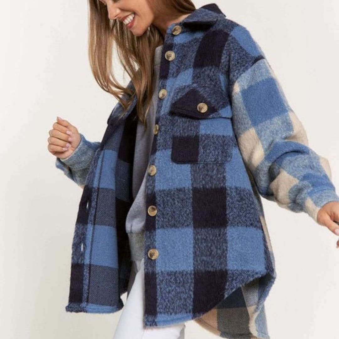 Plaid Chest Pocket Detail Shacket Color Block Shacket Plaid Jacket - Etsy