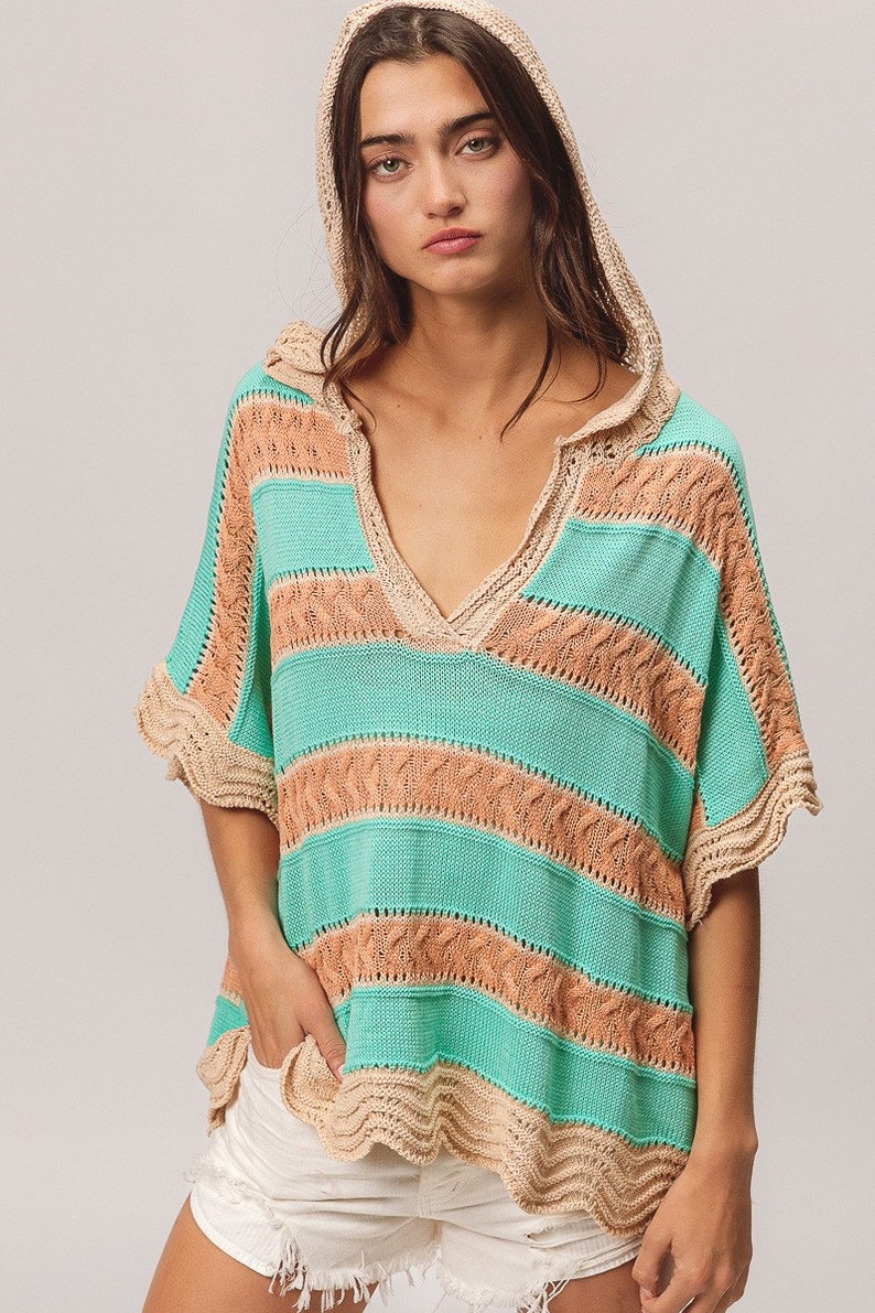 Crochet Hood Color Stripe Top Boho Dolman Sleeve Crochet Hoodie Top - Etsy
