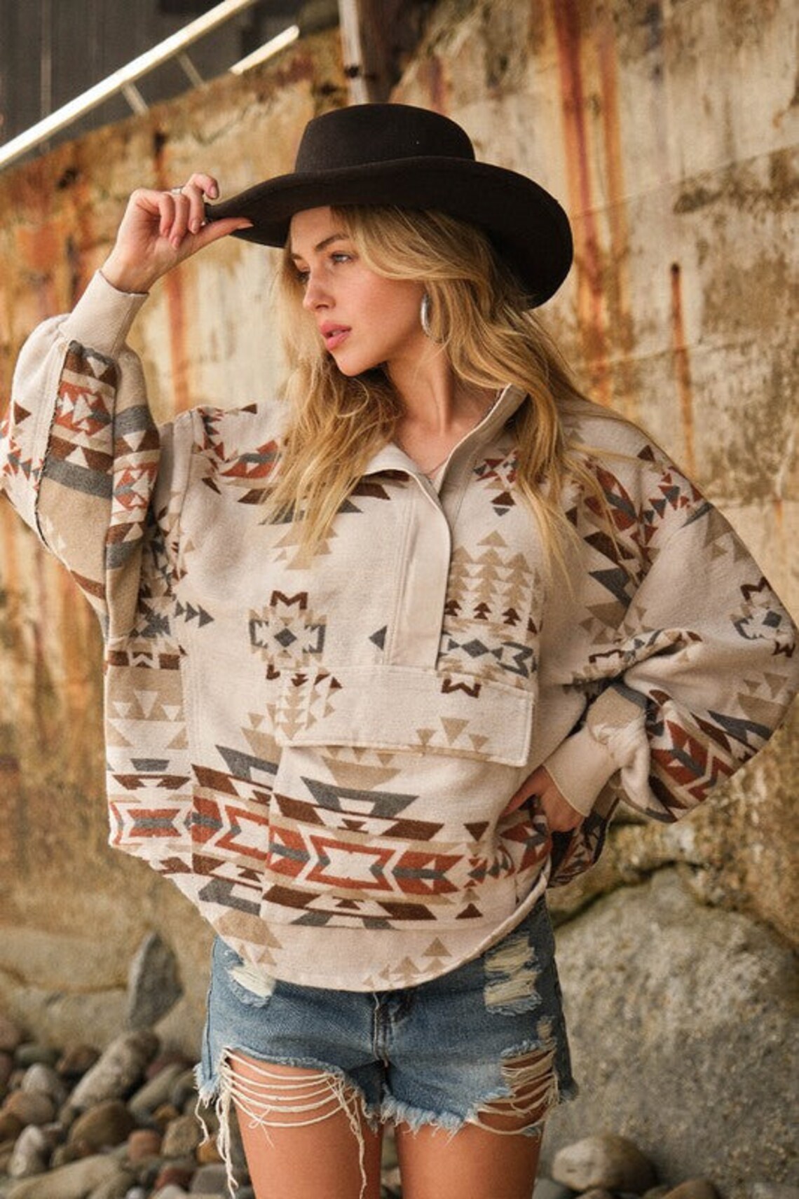 Aztec Western Pullover Oversized Aztec Print Jacket Kangaroo Pocket ...