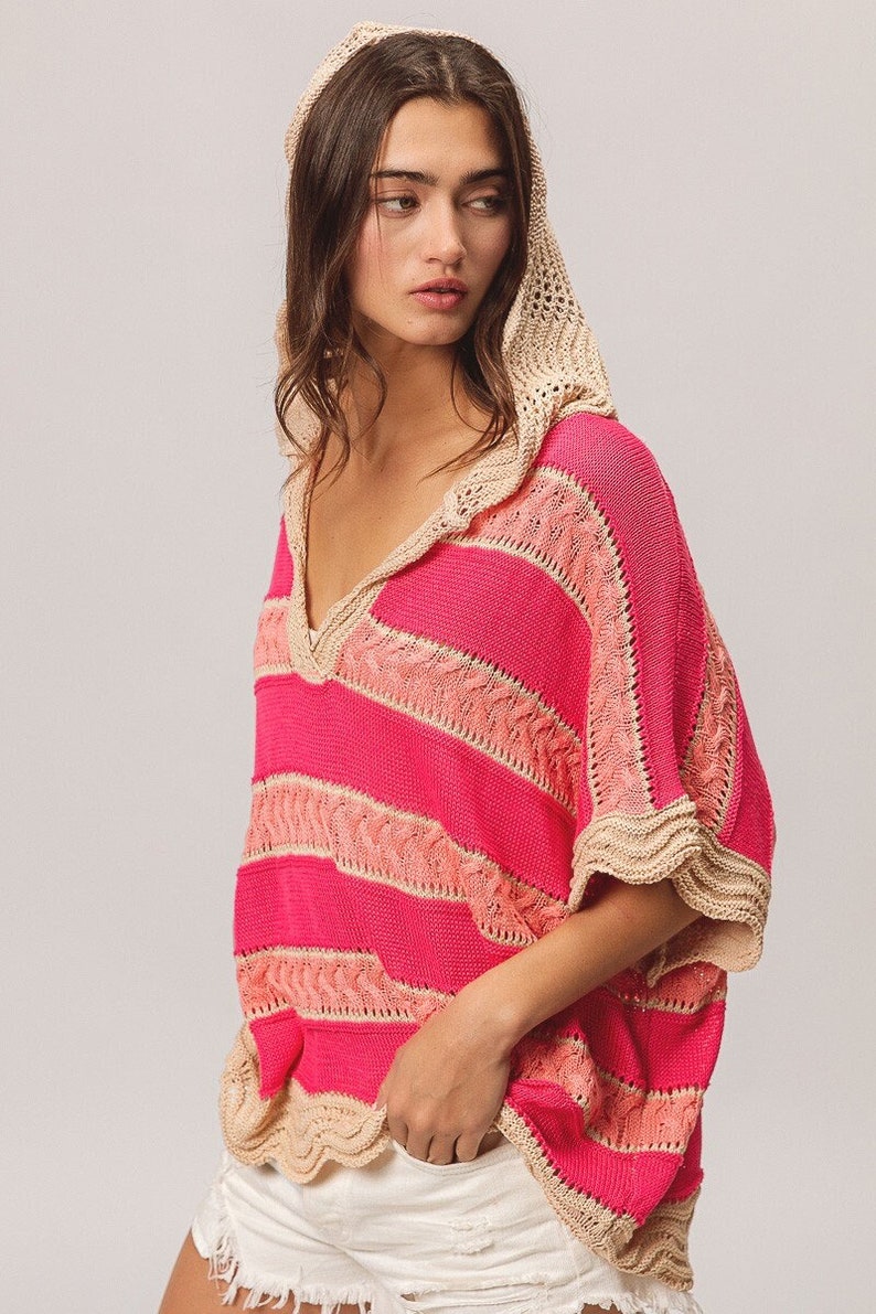 Crochet Hood Color Stripe Top Boho Dolman Sleeve Crochet Hoodie Top - Etsy