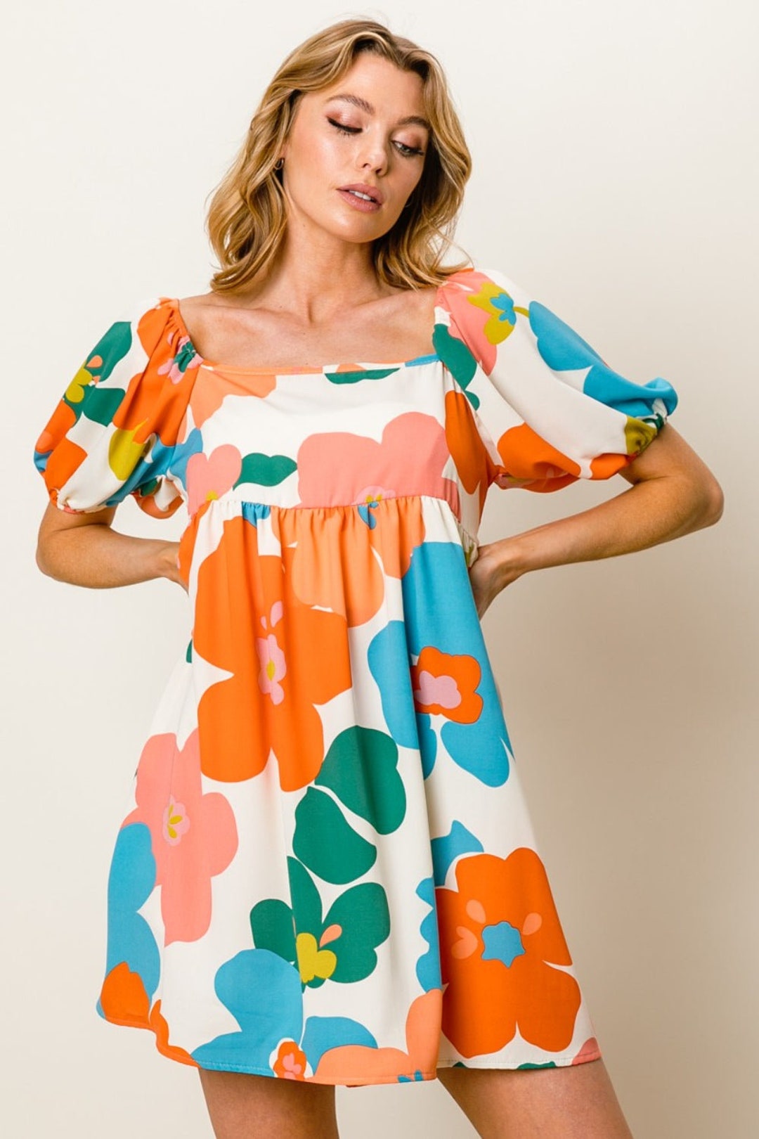 Floral Puff Sleeve Mini Dress Bright Floral Summer Mini Dress - Etsy