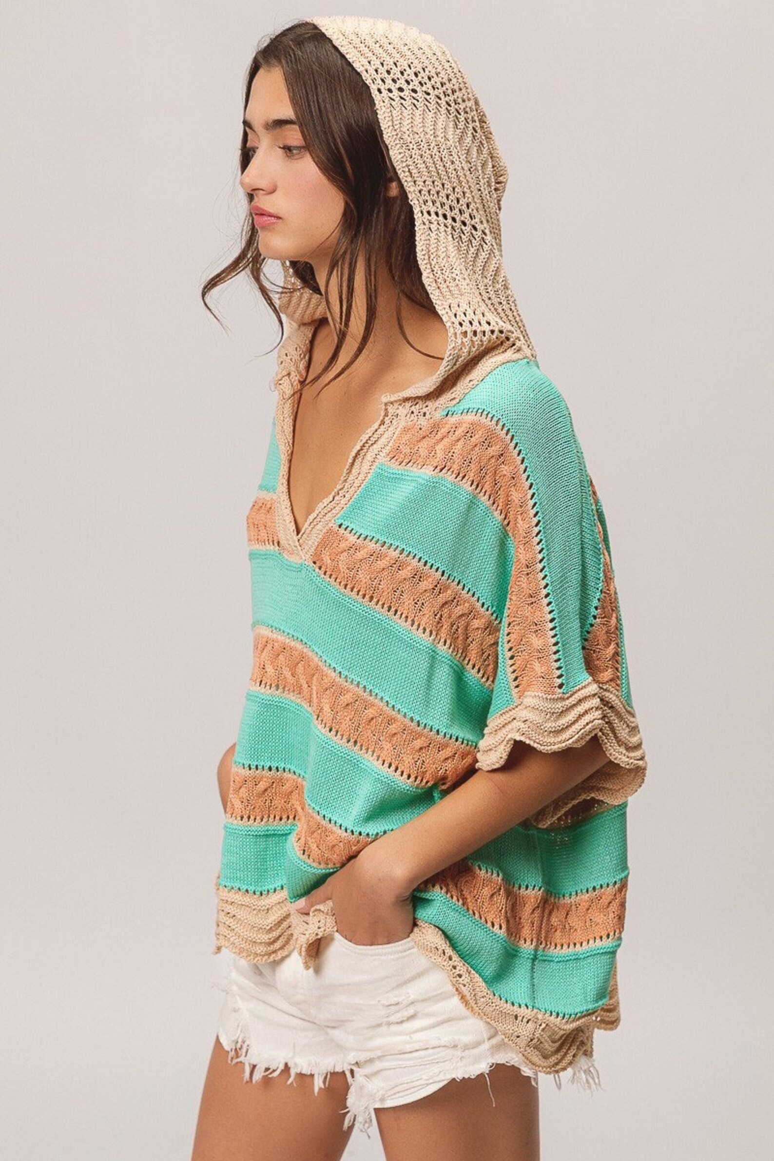 Crochet Hood Color Stripe Top Boho Dolman Sleeve Crochet Hoodie Top - Etsy