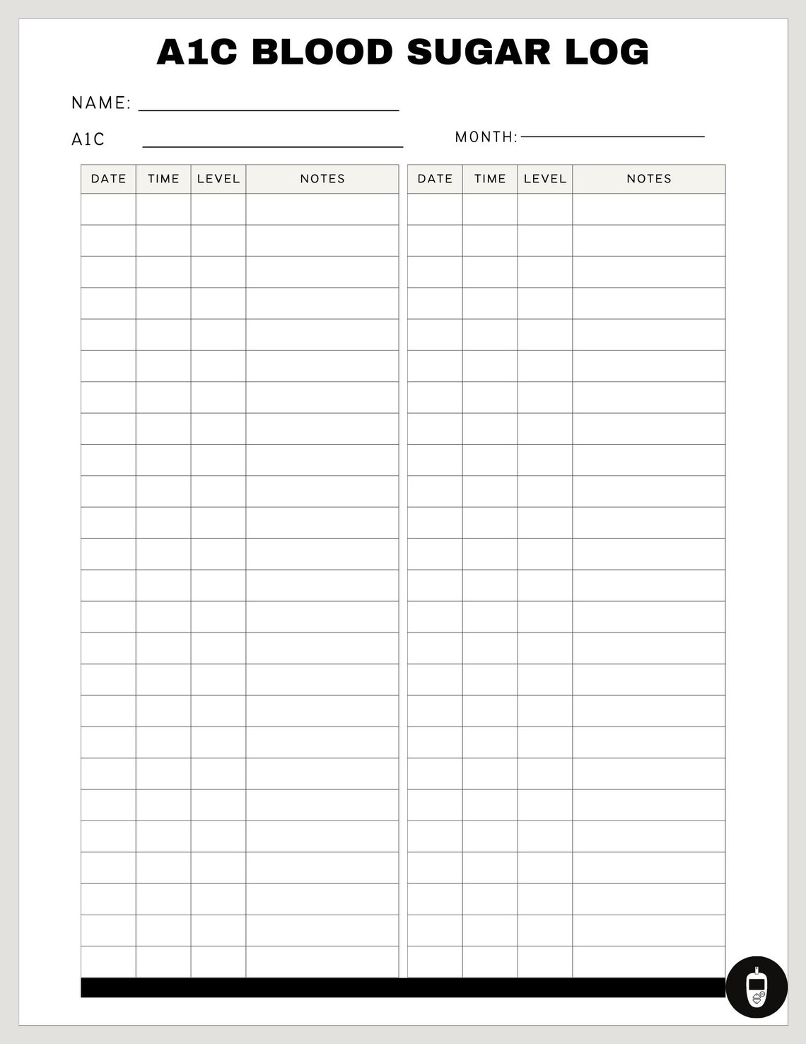 A1C Blood Glucose Tracker, Printable Blood Sugar Log, Medical Checklist ...