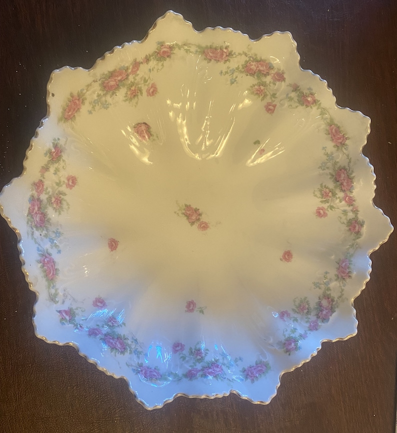 Antique M Z Austria 1-10” Ruffled Bowl Rose Pattern & 6- 5”ruffled ...