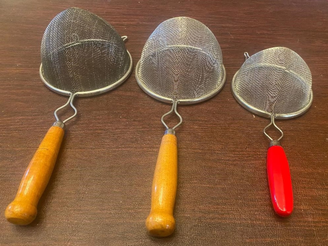 3 Vintage Kitchen Strainers, 2 With Wood Handles and Wire Baskets, 3rd ...