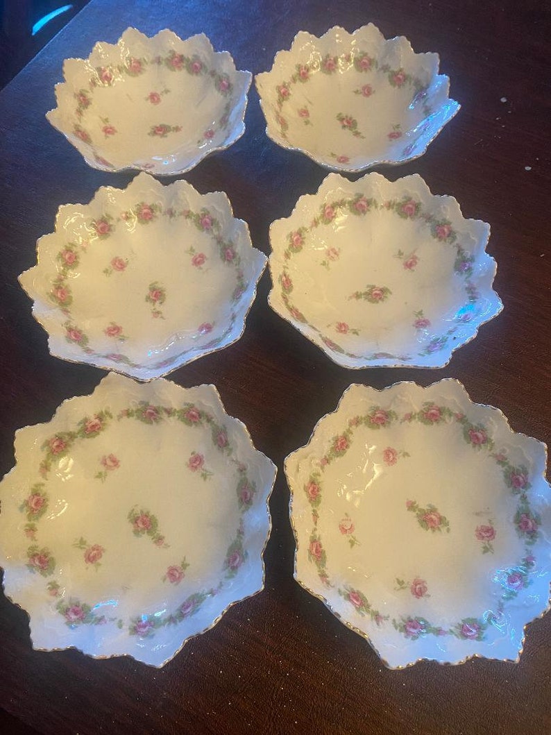Antique M Z Austria 1-10” Ruffled Bowl Rose Pattern & 6- 5”ruffled ...