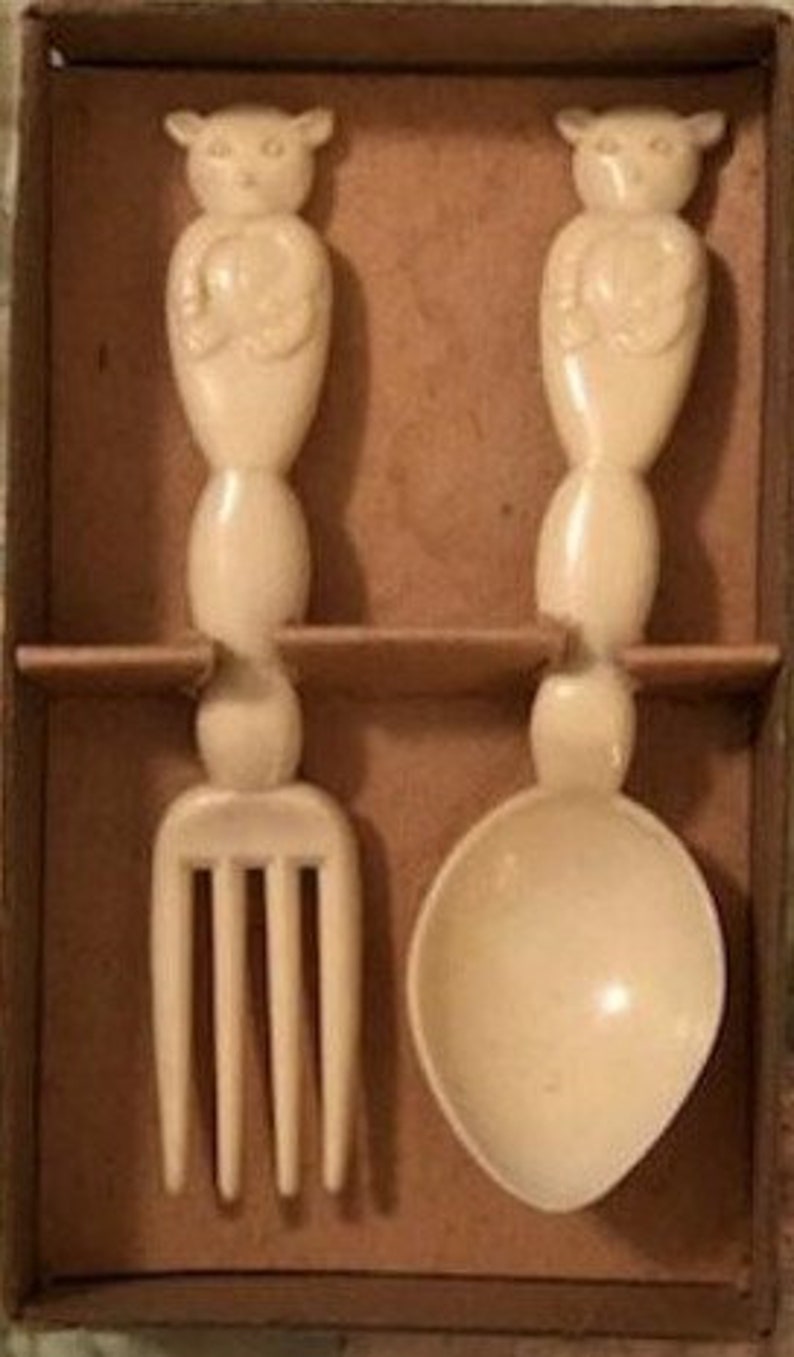 Vintage Baby Fork and Spoon Teddy Bear White Hard Plastic From 1945 - Etsy