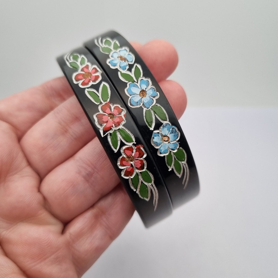 Lucite Bracelets, Set of Two Hand-painted Bracelets With Black Vintage ...