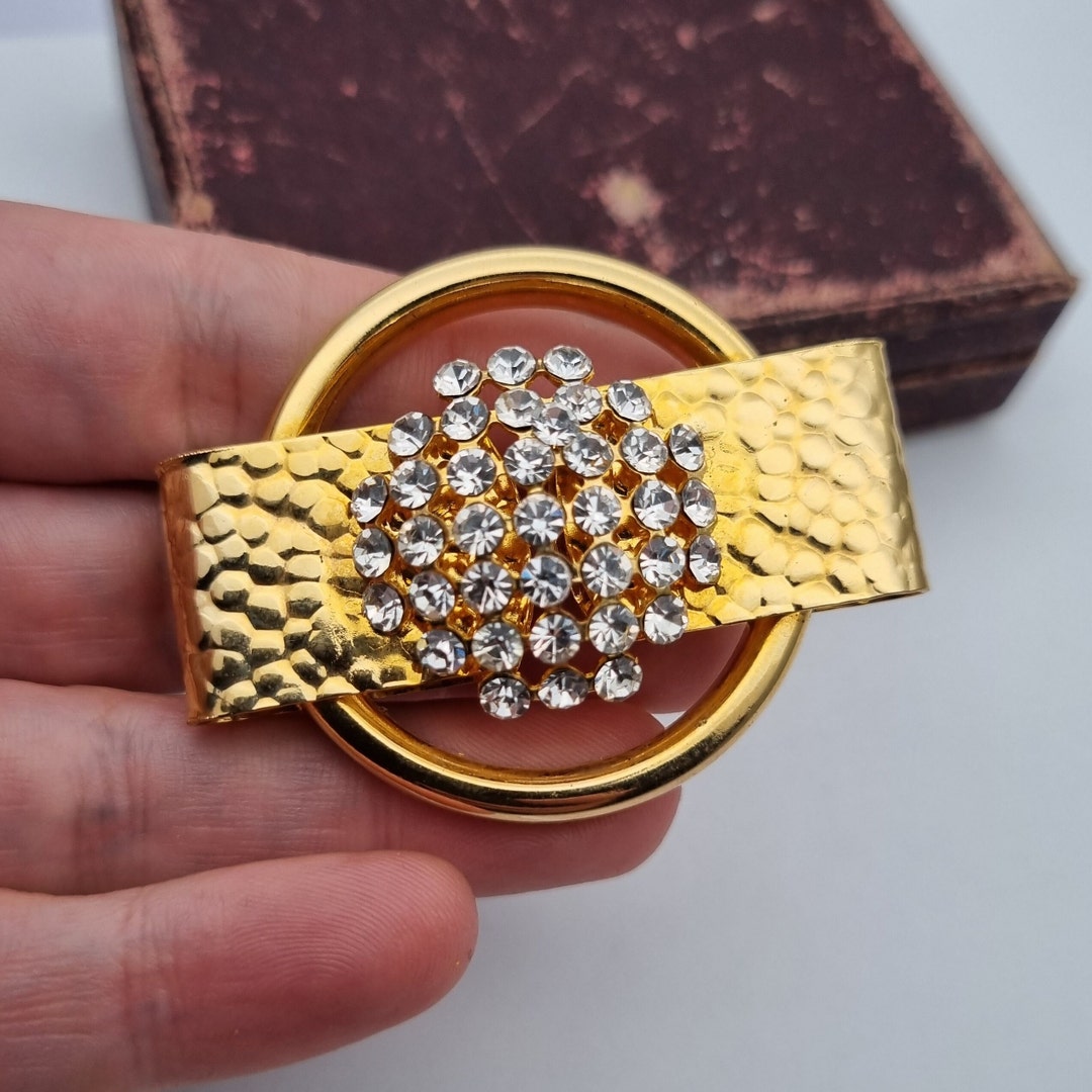 Broche ronde vintage en or avec strass blancs brillants pour femme ...