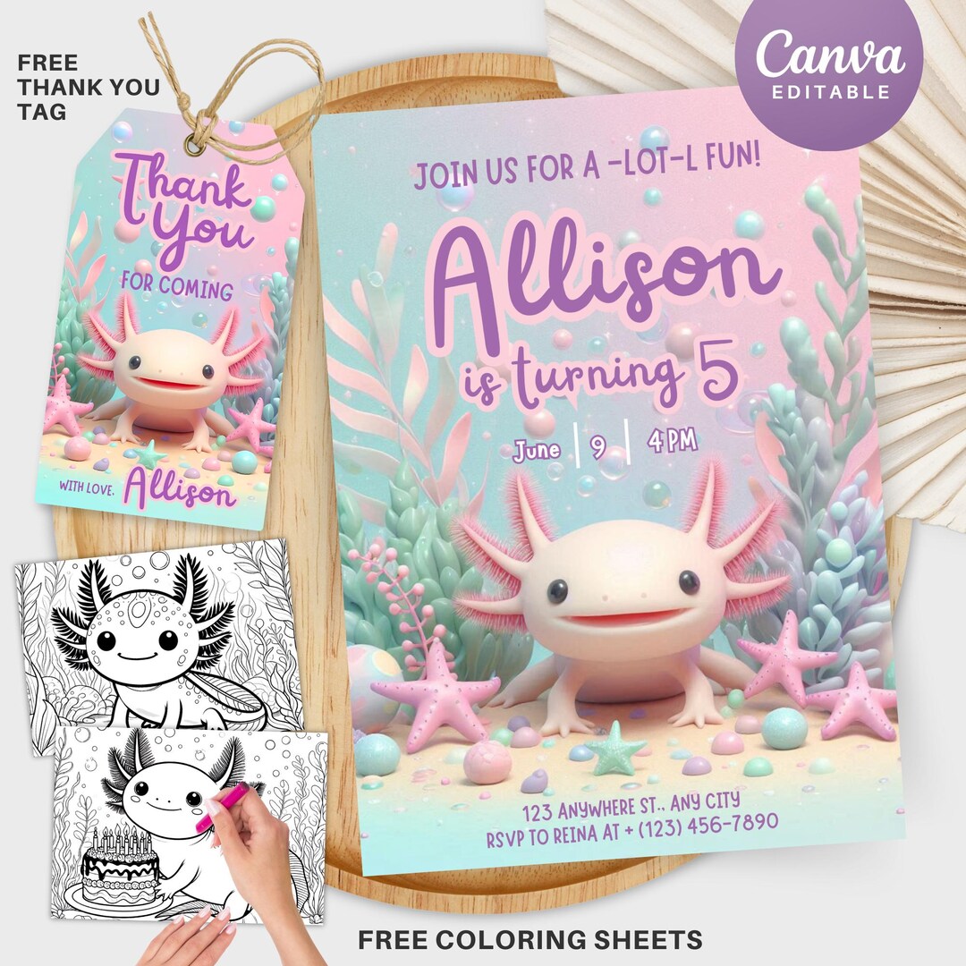 Axolotl Birthday Invitation, Pink Girl Axolotls Invite, Editable ...
