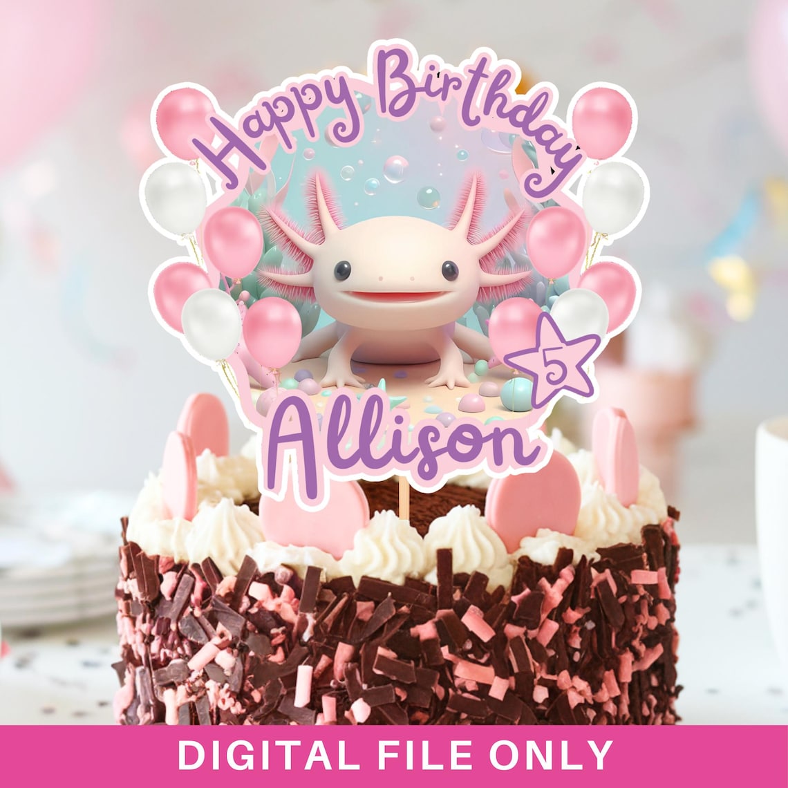 Axolotl Cake Topper, Pink Girl Axolotls Cake Topper, Editable Axolotl ...