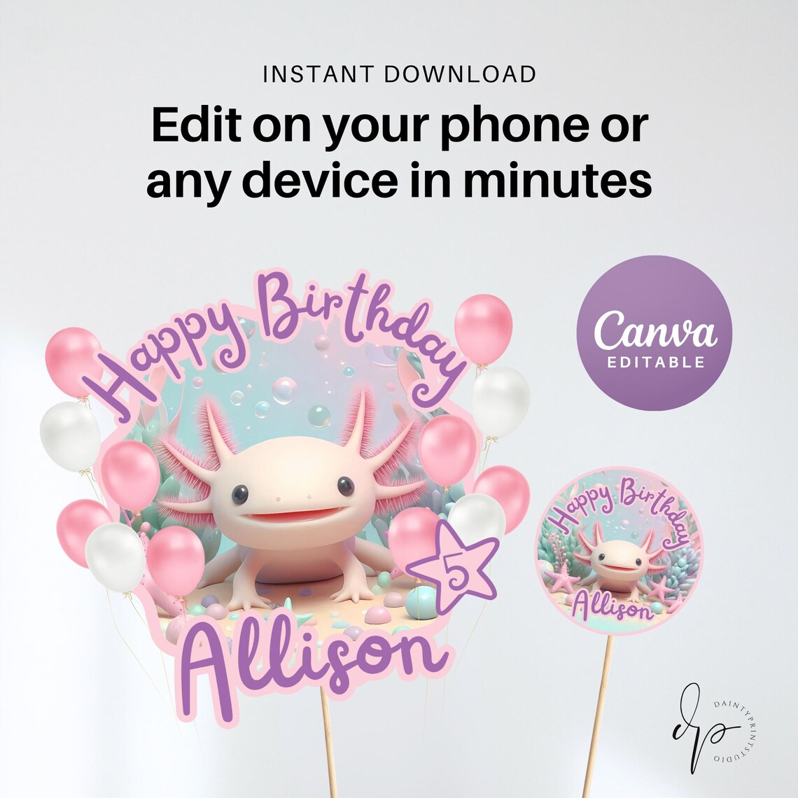 Axolotl Cake Topper, Pink Girl Axolotls Cake Topper, Editable Axolotl ...