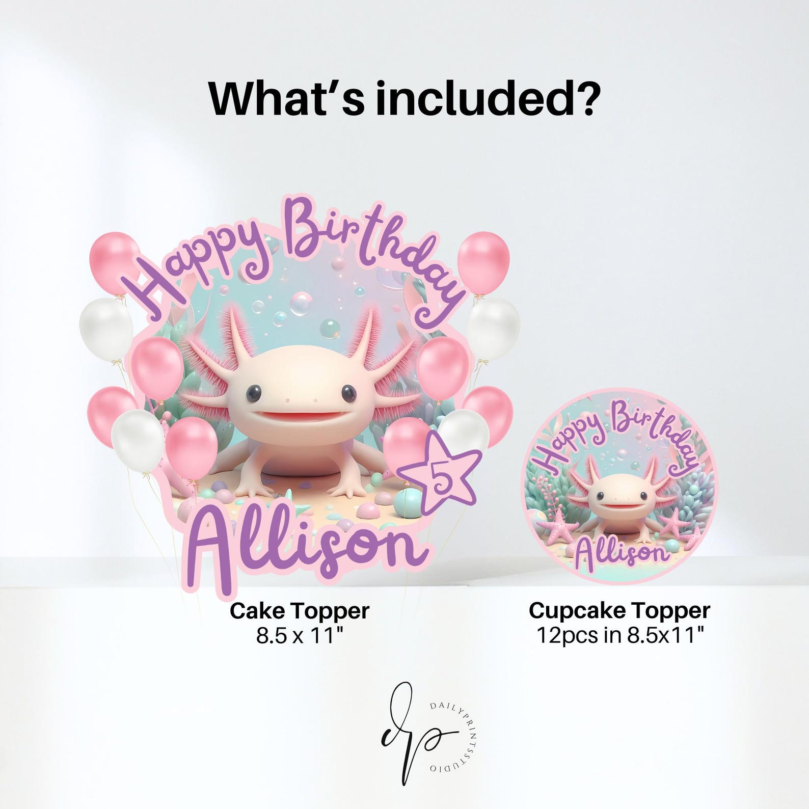 Axolotl Cake Topper, Pink Girl Axolotls Cake Topper, Editable Axolotl ...