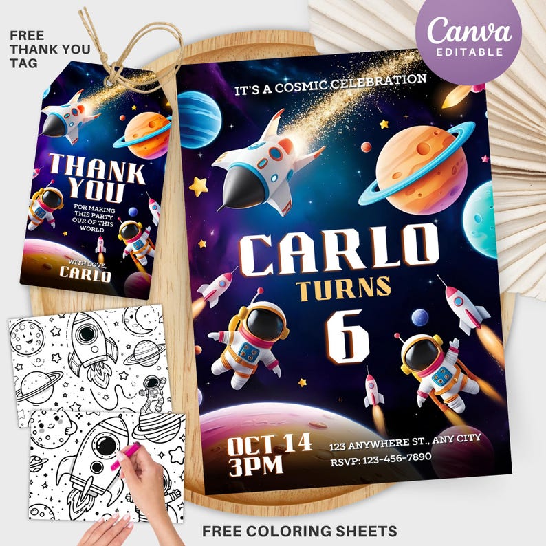 Editable Outer Space Birthday Invitation Template, Planets Rocket Ship ...