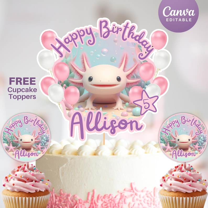 Axolotl Cake Topper, Pink Girl Axolotls Cake Topper, Editable Axolotl ...