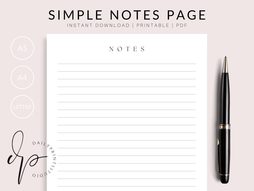 Simple Notes Page Printable, Lined Note Paper, Notes Page Planner ...