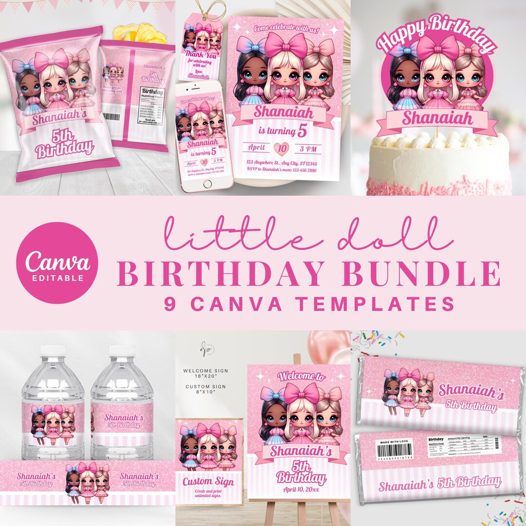 Editable Little Doll Birthday Bundle, Pink Doll Birthday Party Bundle ...