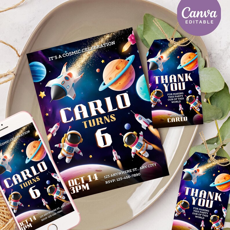 Editable Outer Space Birthday Invitation Template, Planets Rocket Ship ...