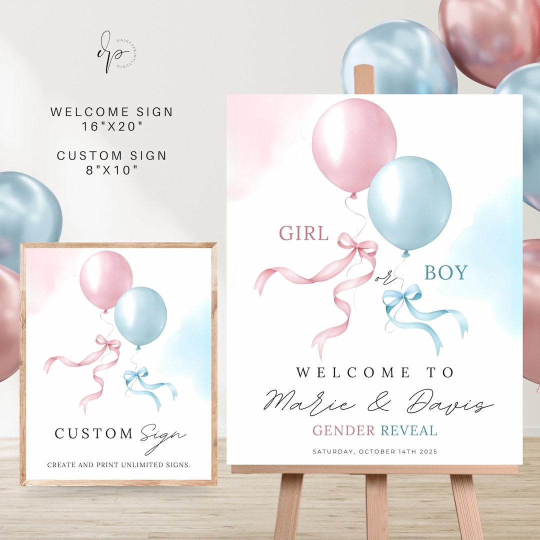 Editable Gender Reveal Welcome Sign: Pink & Blue Balloons (digital ...