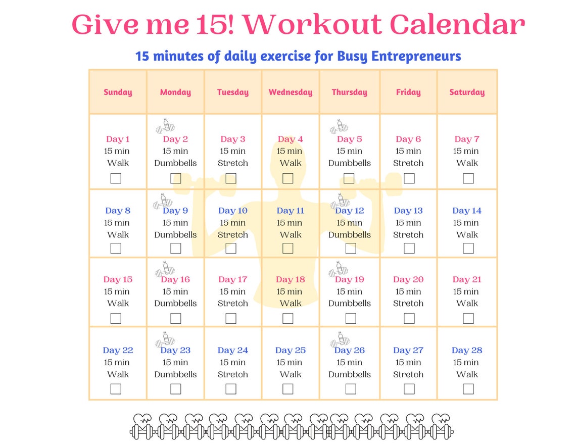 Workout Calendar, Digital Workout Calendar, 28 Day Workout Calendar, 15 ...