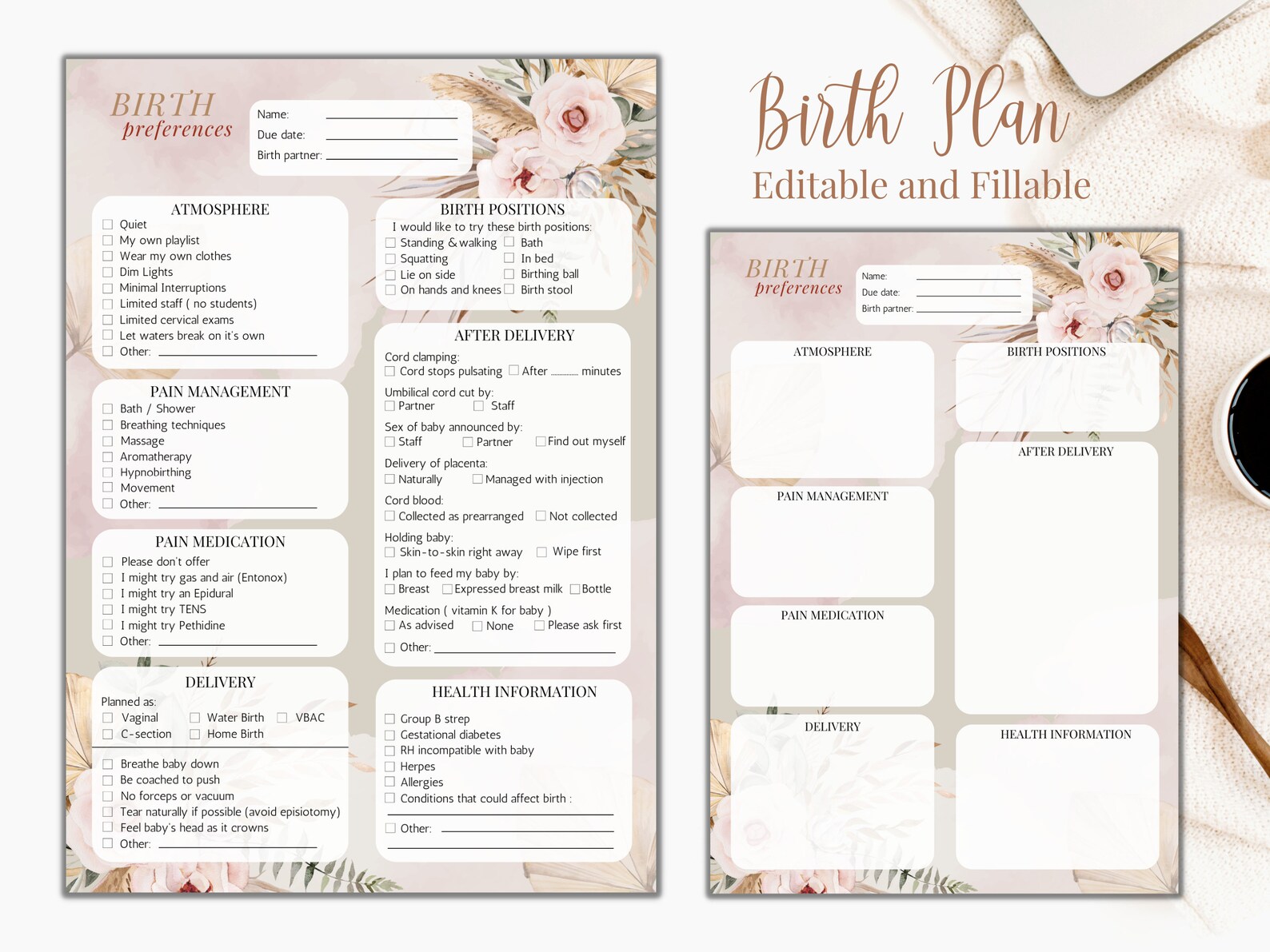 Fillable Birth Plan Birthing Plan Template Editable Printable Birth