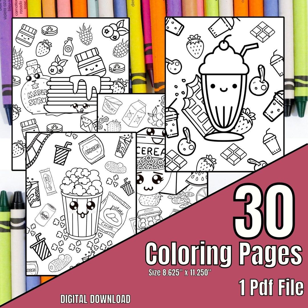 30 PRINTABLE Cute Kawaii Food Coloring Pages Bundle Sweet - Etsy New ...
