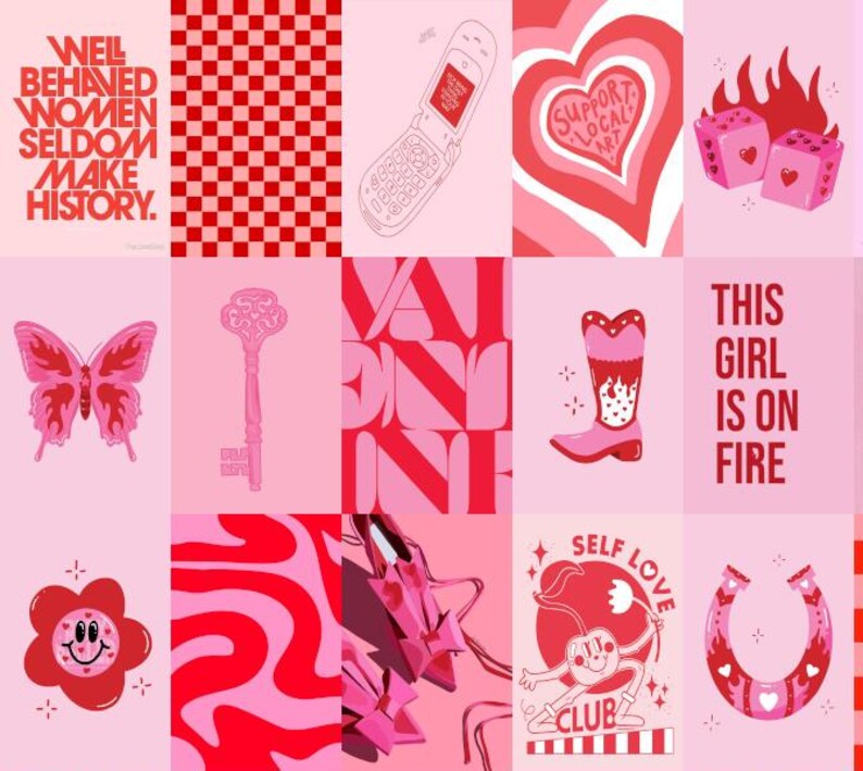 60 PCS | Red and Pink Danish Wall Collage Kit | Pink Preppy Poster ...