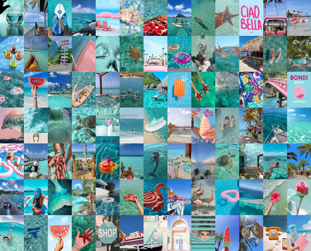 Turquoise Wall Collage Kit | Blue Aesthetic Photo Collage Prints | Pink ...