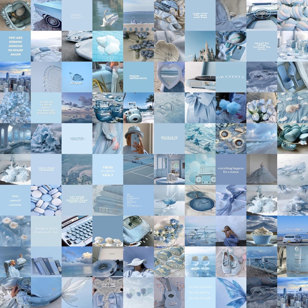 100PCS- Baby Blue Wall Collage Kit - Pastel Blue Photo Collage - Blue ...