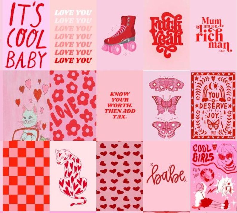 60 PCS Red and Pink Danish Wall Collage Kit Pink Preppy Poster Collage ...